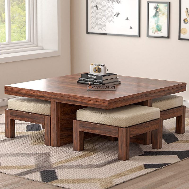 Edinburgh Solid Wood Coffee Table with 4 Cubical Stools - Natural ...