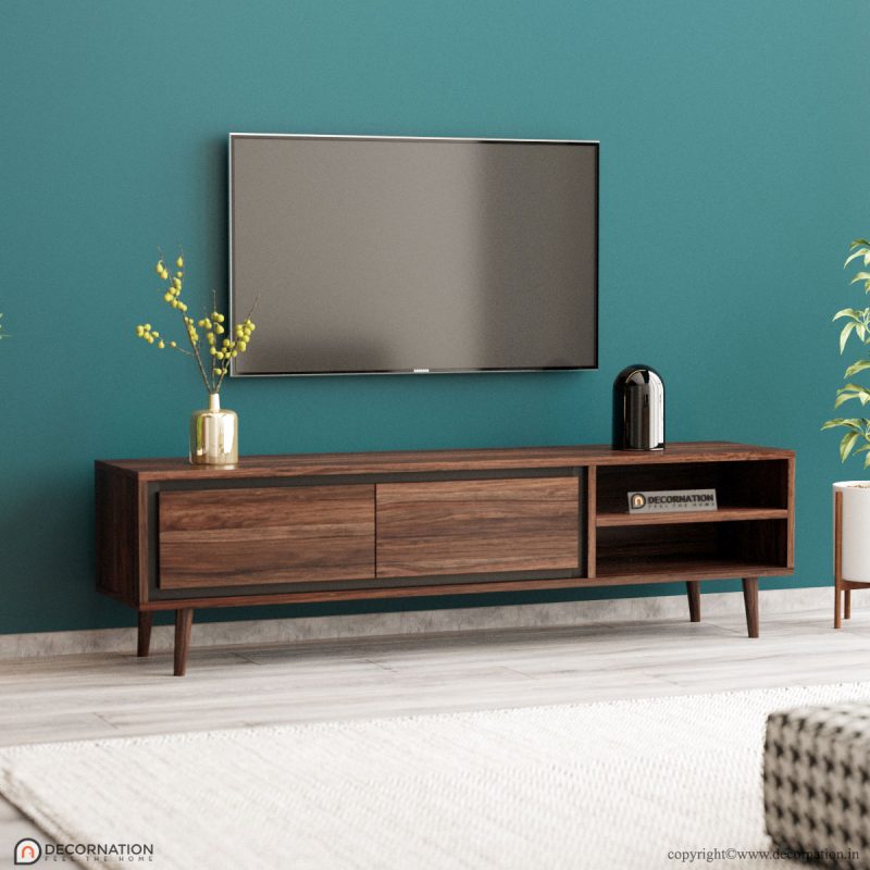 Leander Solid Wood TV Table with Shelf - Natural Finish - Decornation